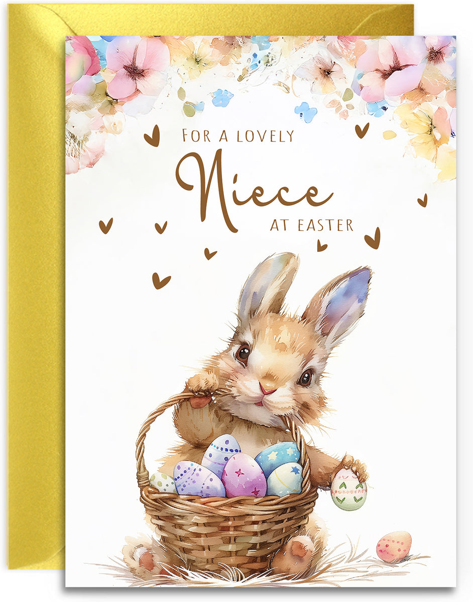 Niece Easter Card - Bunny with Easter Eggs Design - A5 Size with Gold ...